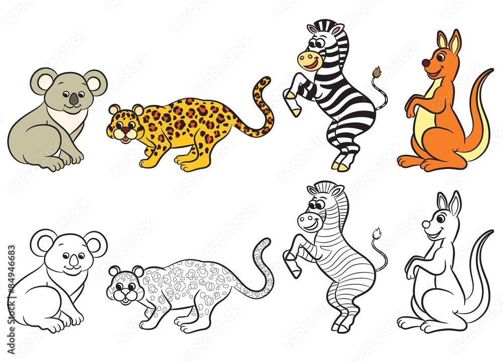 Cute zoo animals collection. Coloring book. Vector illustration. Stock ...