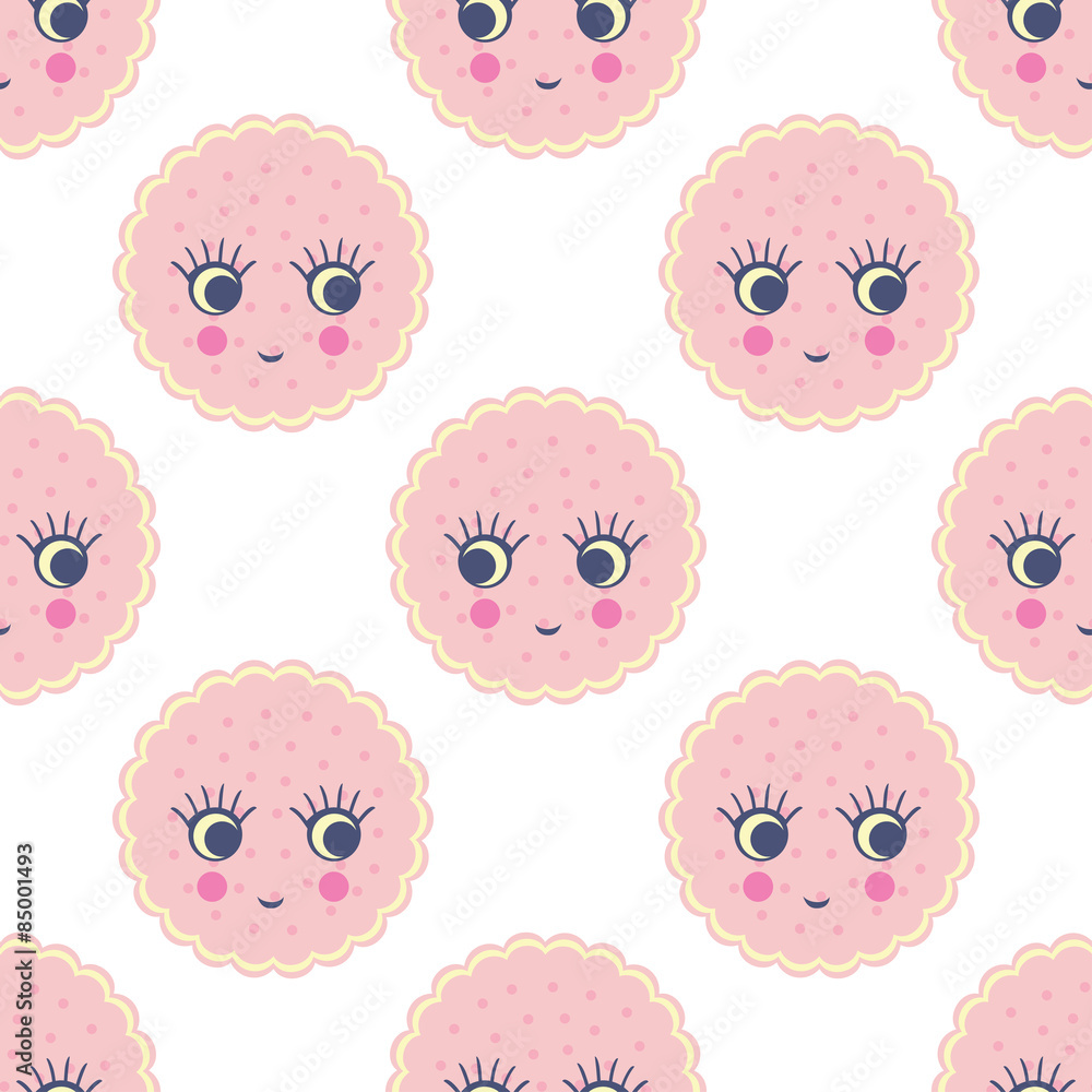 Seamless pattern with smiling pink cookies for kids holidays. Cute baby ...