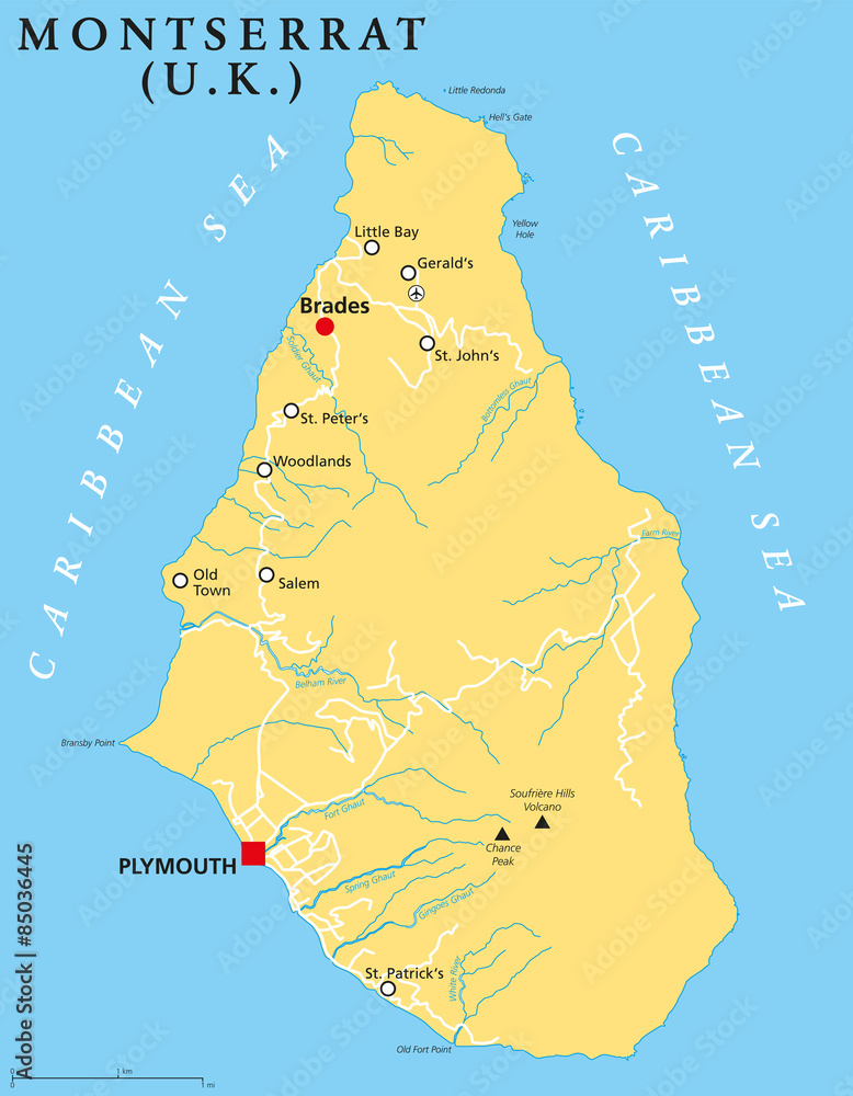 Montserrat Political Map with capital Plymouth, important places and ...