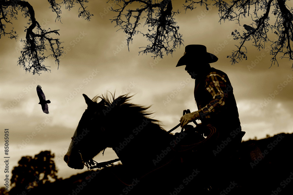 A cowboy races down a mountain in a storm with a crow flying above ...