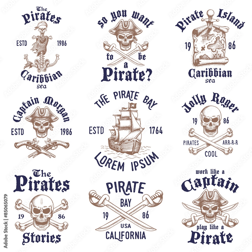 Set of vintage hand drawn pirates designed emblems, labels Stock Vector ...