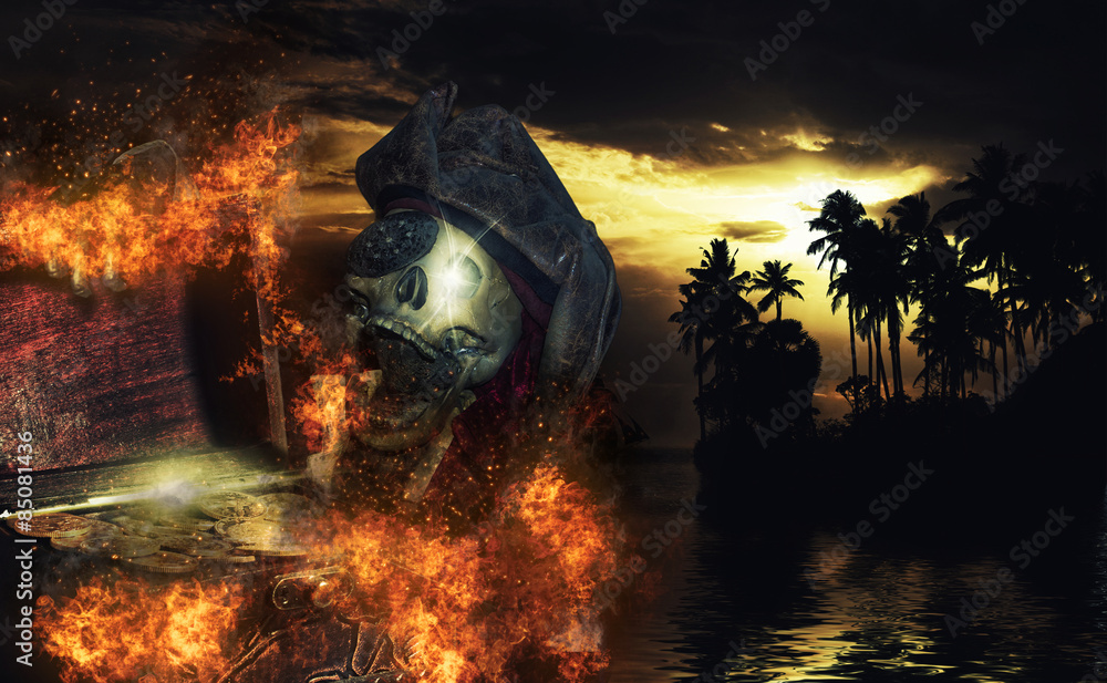 Pirate opening a chest full of gold coins Stock Photo | Adobe Stock