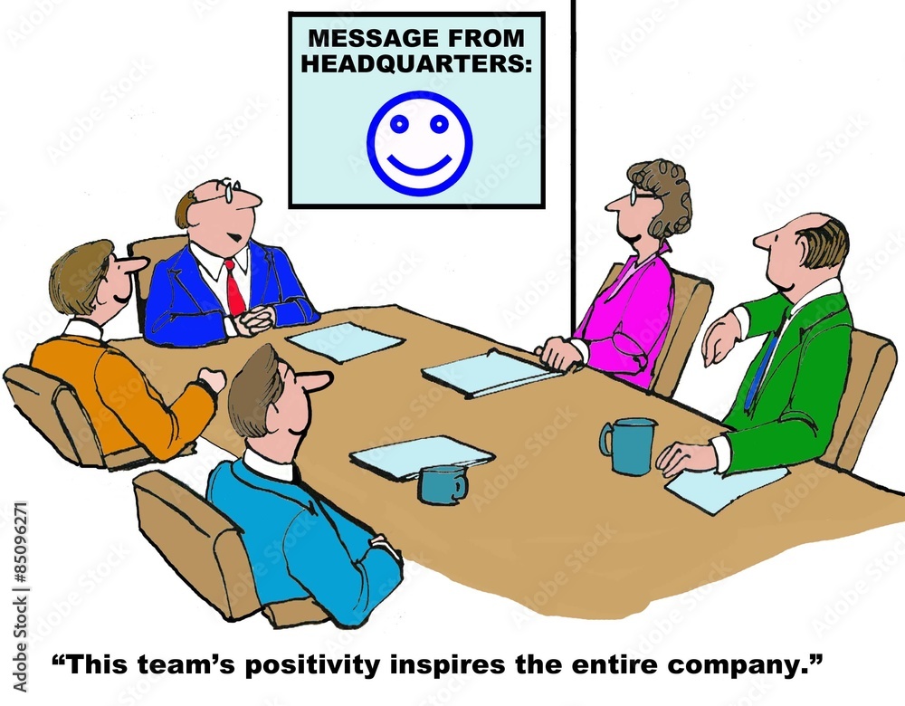 Cartoon of business meeting and slide that shows a happy message from ...