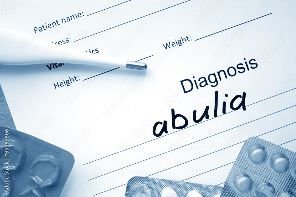 Diagnostic form with diagnosis abulia and pills. Stock Photo | Adobe Stock