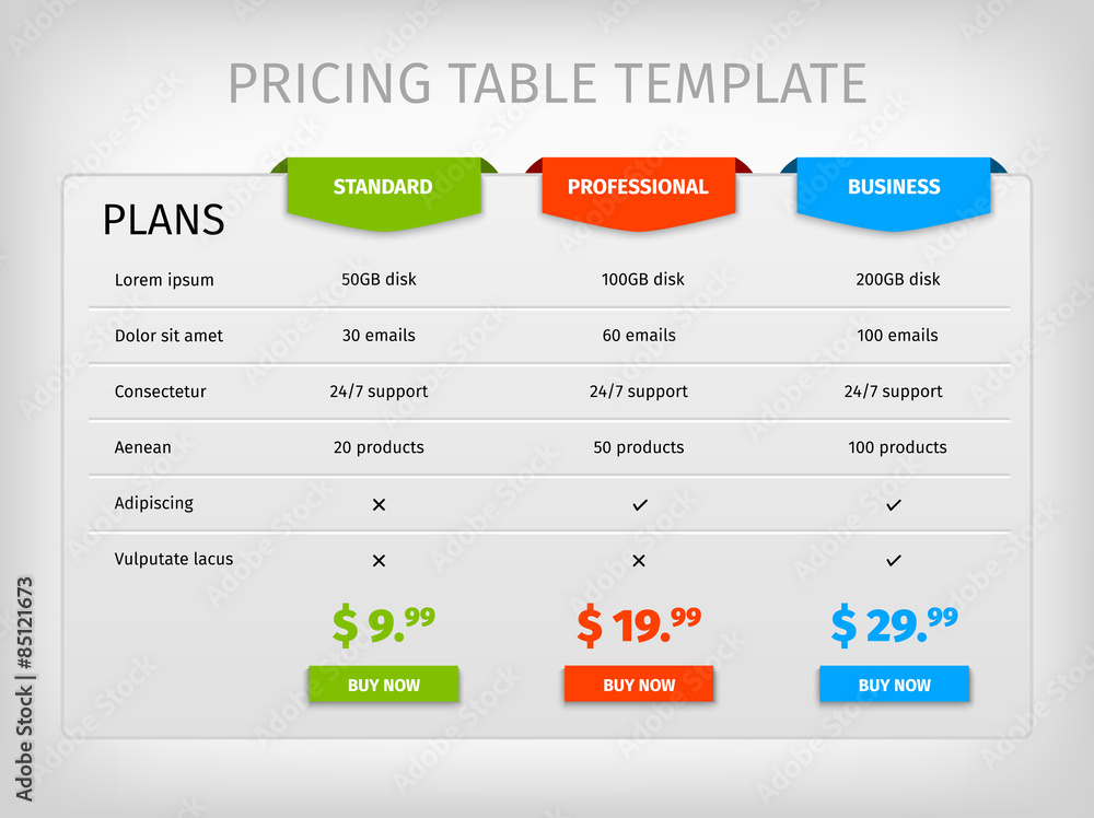 Colorful comparison pricing table template Stock Vector | Adobe Stock