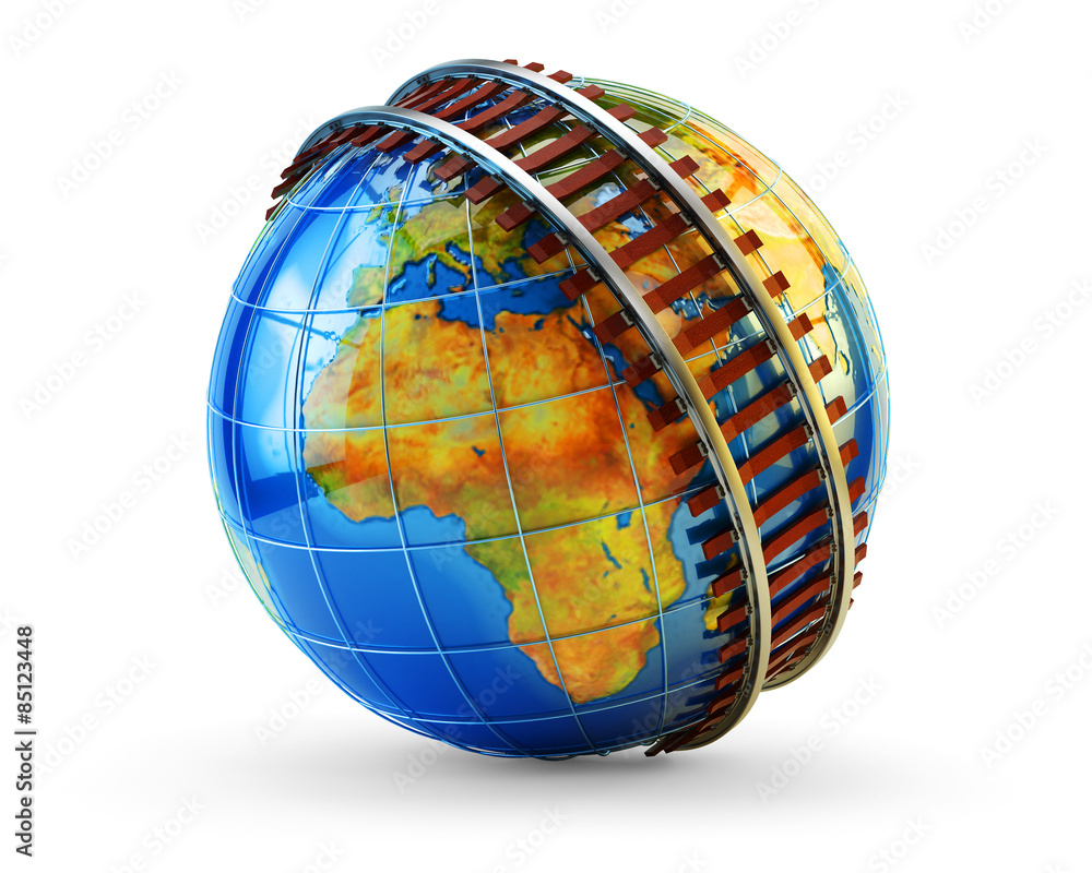Global railway transportation concept, railroad track around planet ...