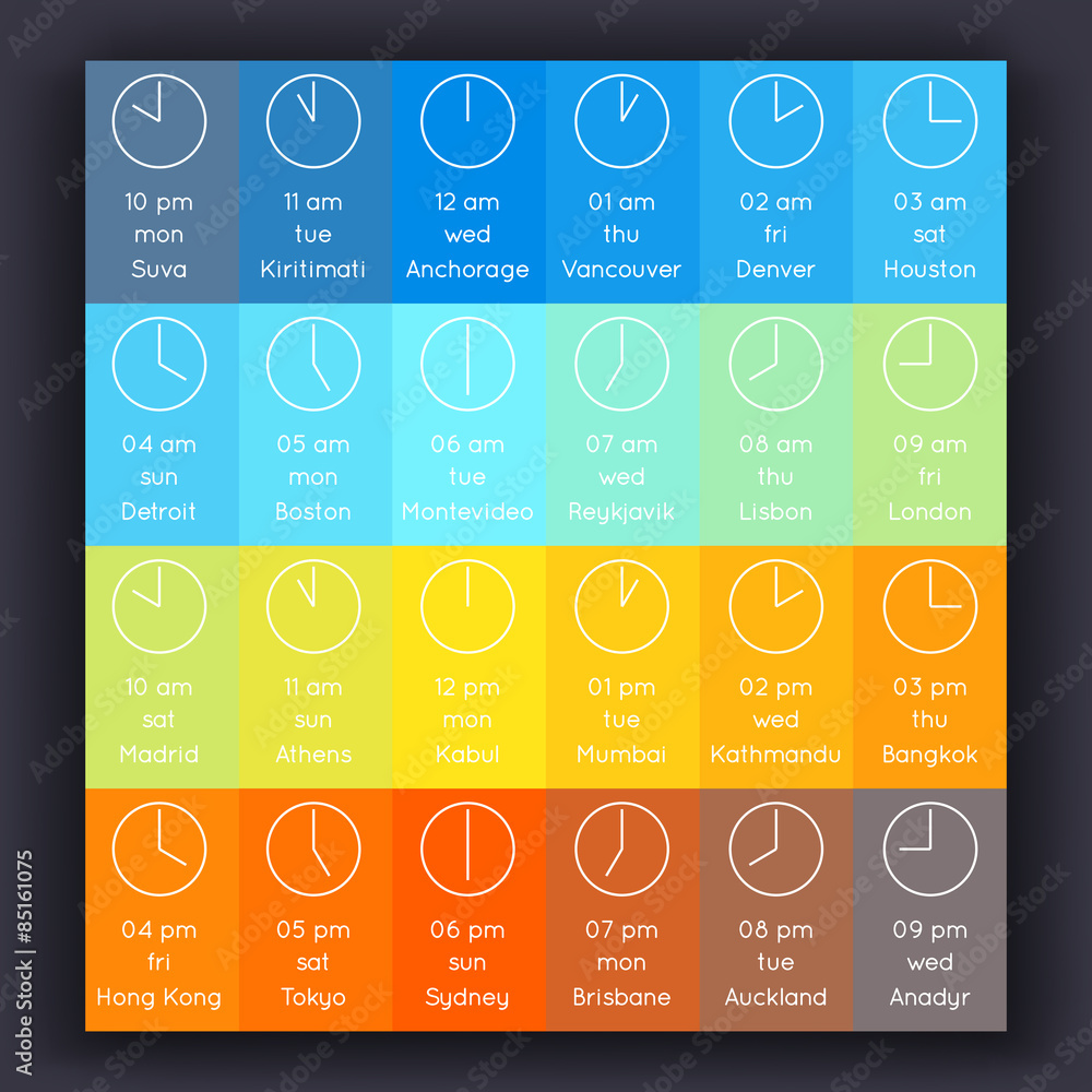 Vector world clock and time zones Stock Vector | Adobe Stock