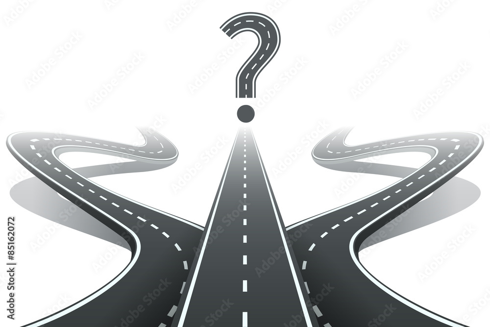 Three roads and question mark. Choosing the right path concept Stock ...