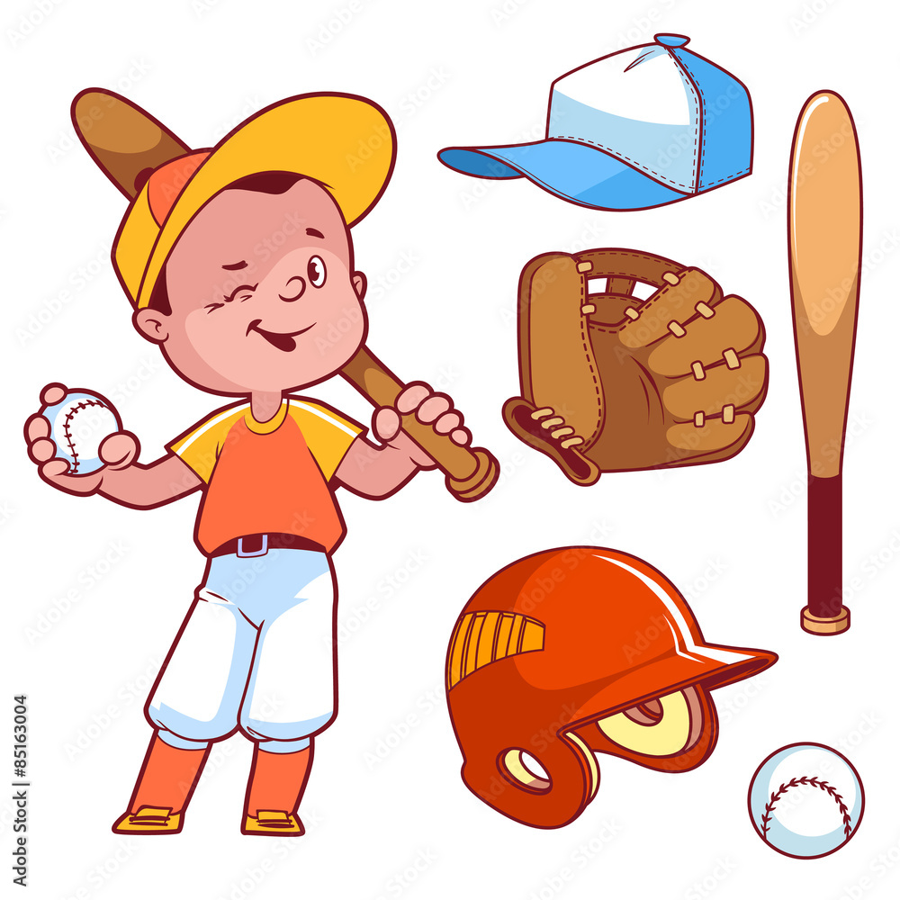 Cartoon boy playing baseball. Baseball equipment. Stock Vector | Adobe ...