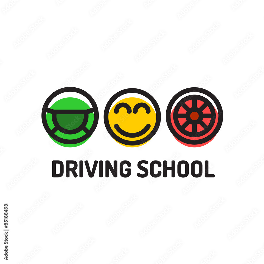 Driving school logo template. Symbols of driving wheel, smiling Stock ...