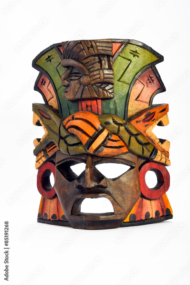 Indian Mayan Aztec wooden mask with anaconda and jaguar isolated on ...