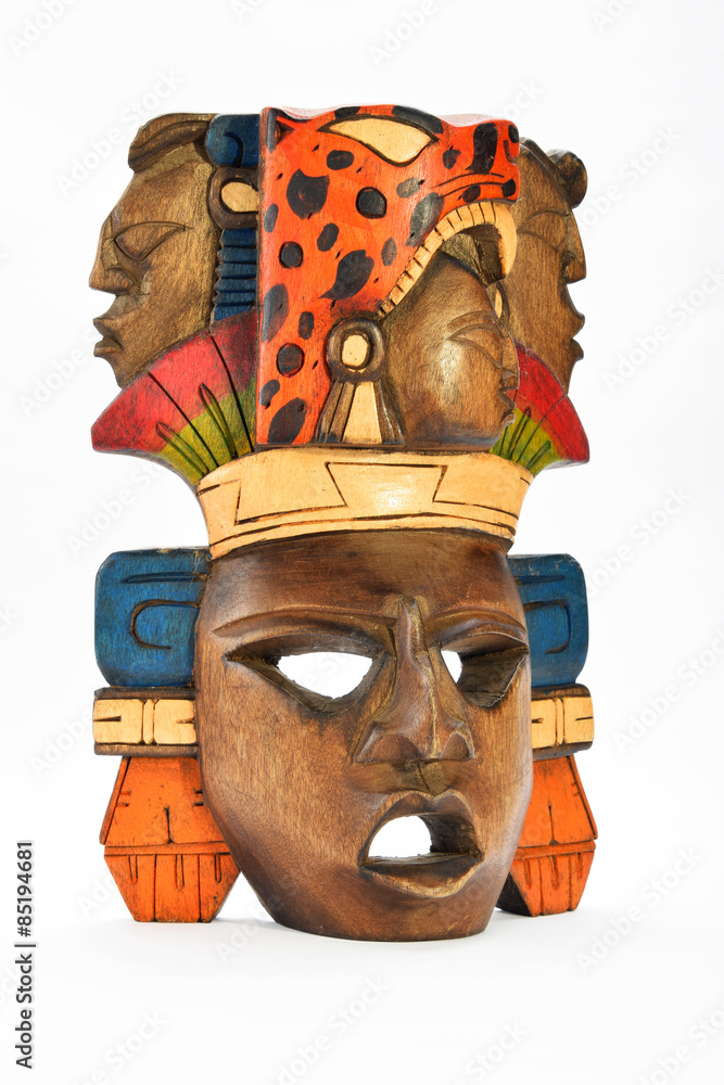 Indian Mayan Aztec wooden painted mask with roaring jaguar and human ...