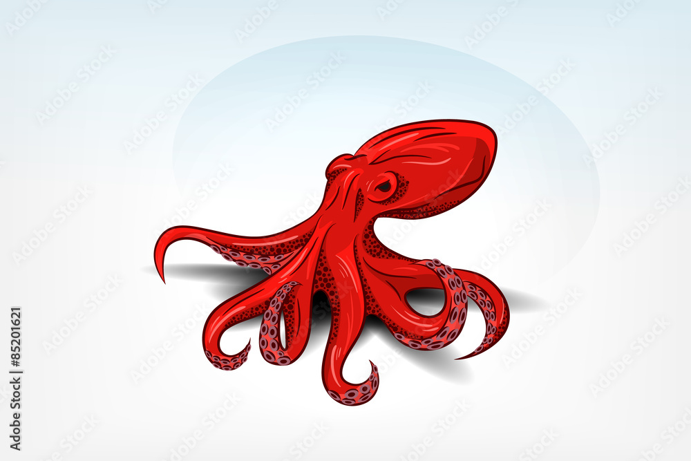 Isolated orange octopus with shadow. Hand drawn original close up ...