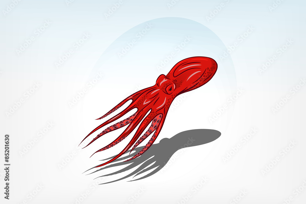 Isolated orange octopus with shadow. Hand drawn original close up ...