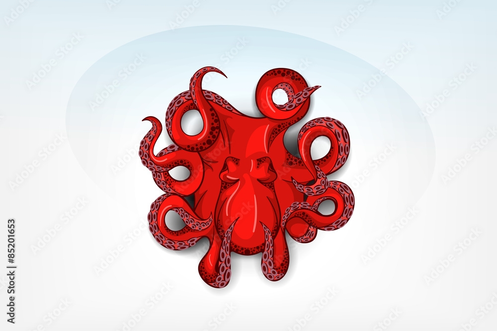 Isolated orange octopus with shadow. Hand drawn original close up ...