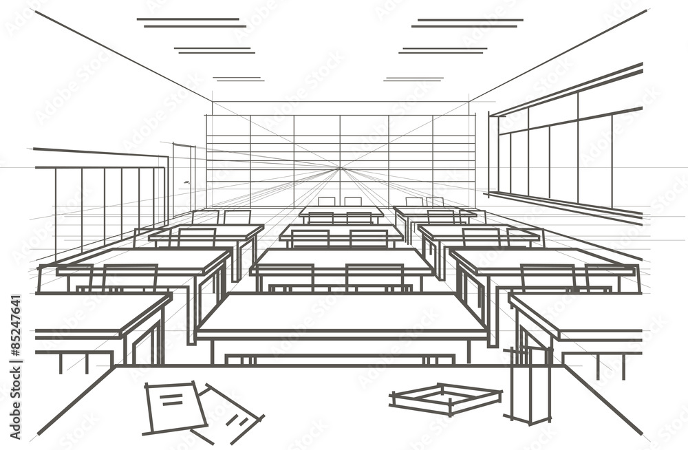 linear architectural sketch interior classroom Stock Vector | Adobe Stock