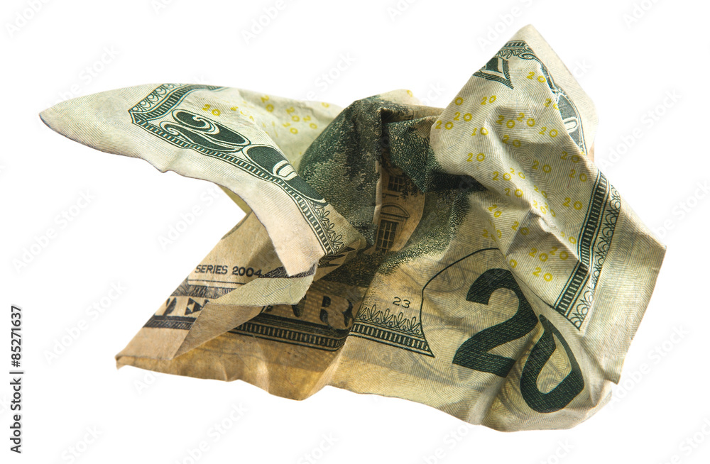Crumpled Cash - US currency $20 dollar bill isolated on white. Stock ...