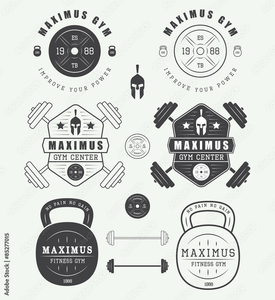 Set of gym logos, labels, badges and elements in vintage style Stock ...