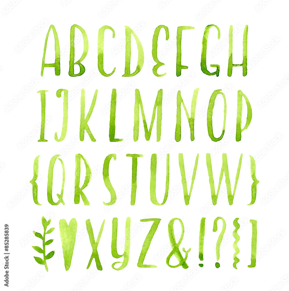 Hand drawn calligraphic green watercolor font. Stock Vector | Adobe Stock