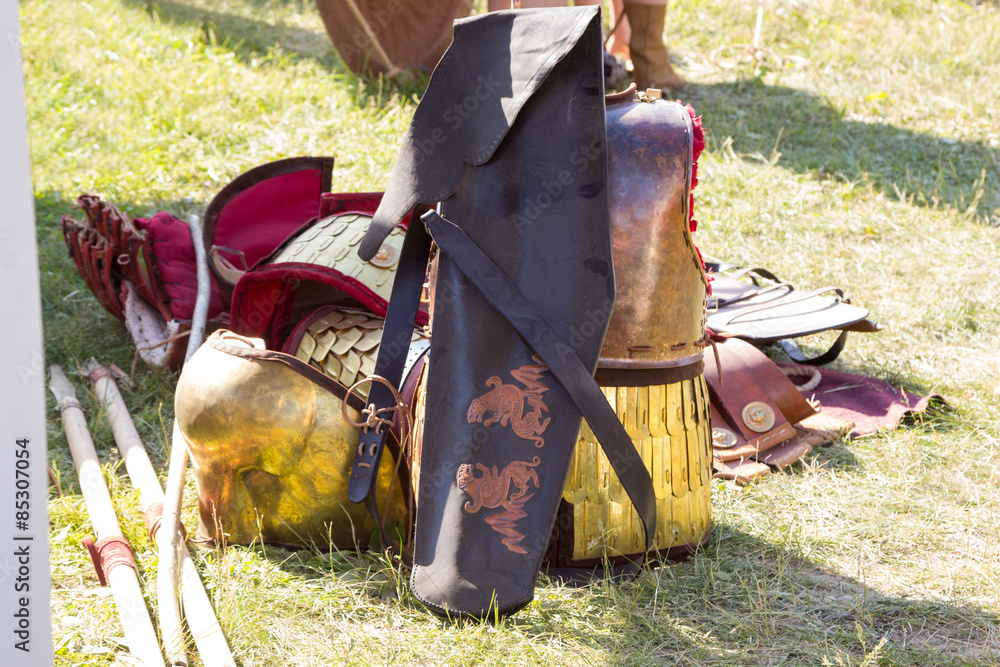 Ancient Roman armor of leather and metal lying on ground Stock Photo ...
