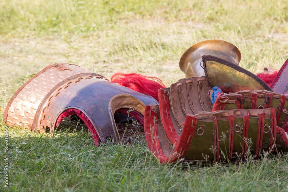 Ancient Roman armor of leather and metal lying on ground Stock Photo ...