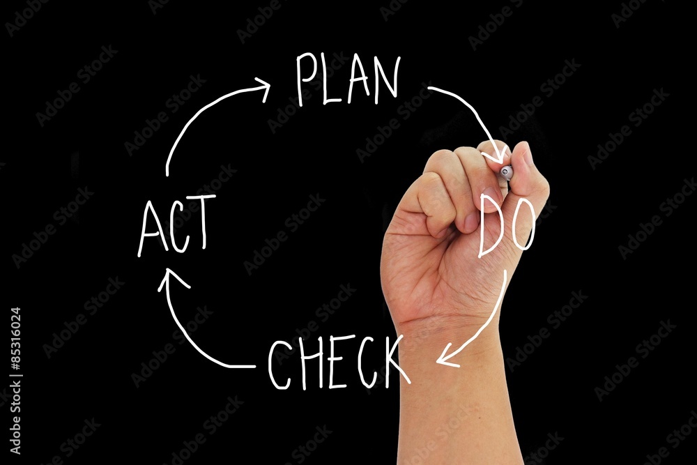 Hand with pen writing concept PLAN DO CHECK ACT isolated on black ...