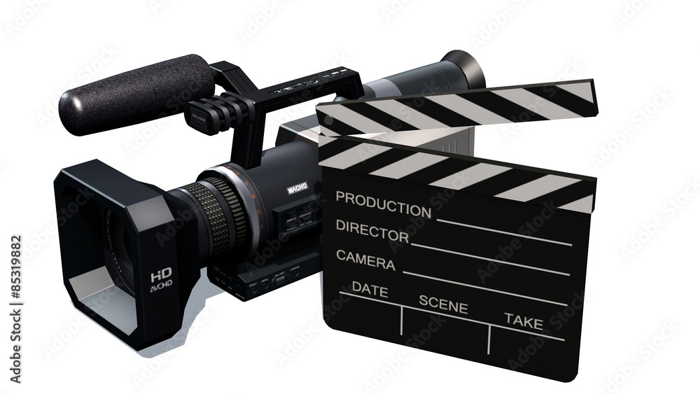 clapper board and HD camera isolated on white background Stock ...