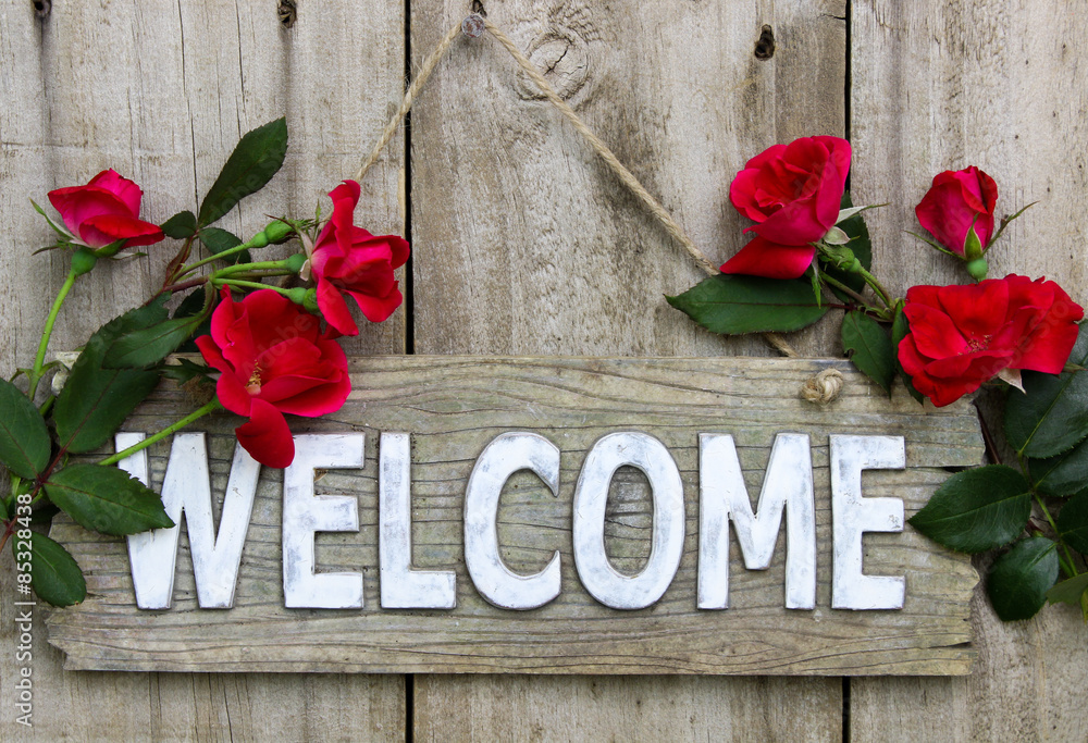 Welcome sign with red roses border Stock Photo | Adobe Stock