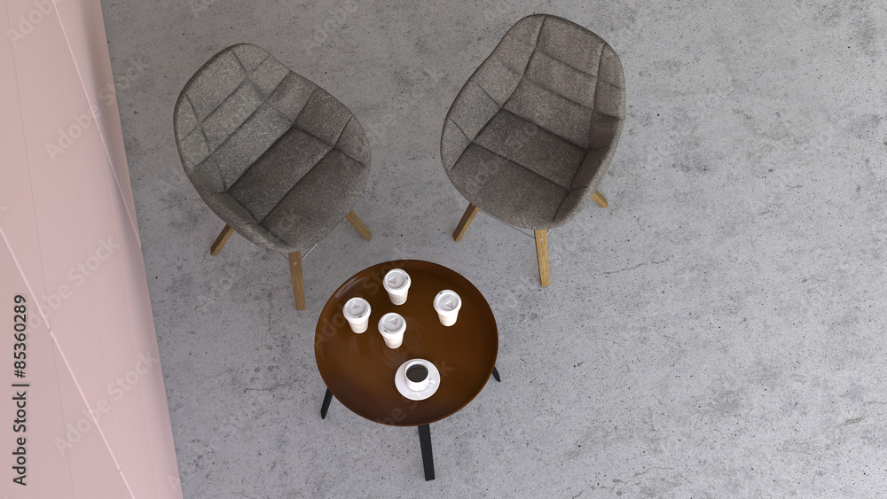 Waiting area with two chairs and a side table, D Rendering Stock Photo ...