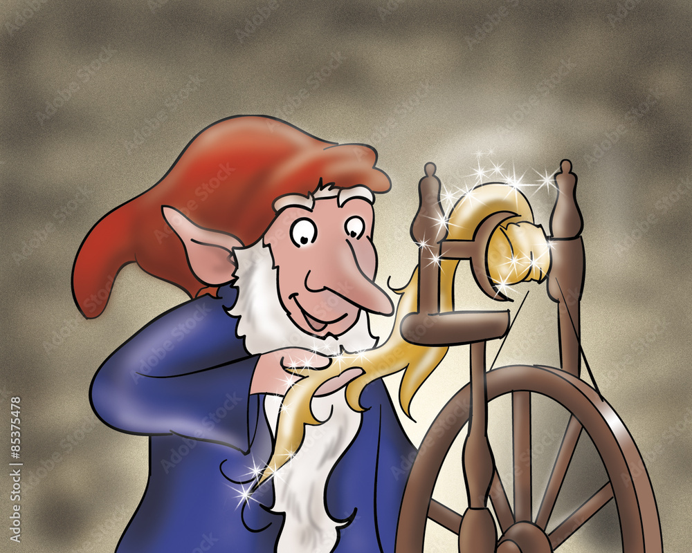 Rumpelstiltskin the elf is spinning with a magic spindle making gold ...