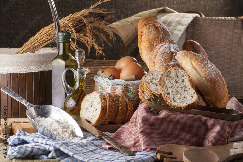 bread set scene showing many kind of bread put in basket together Stock ...