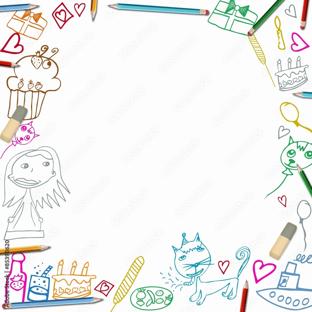 Happy Birthday colorful frame children drawings isolated on white ...