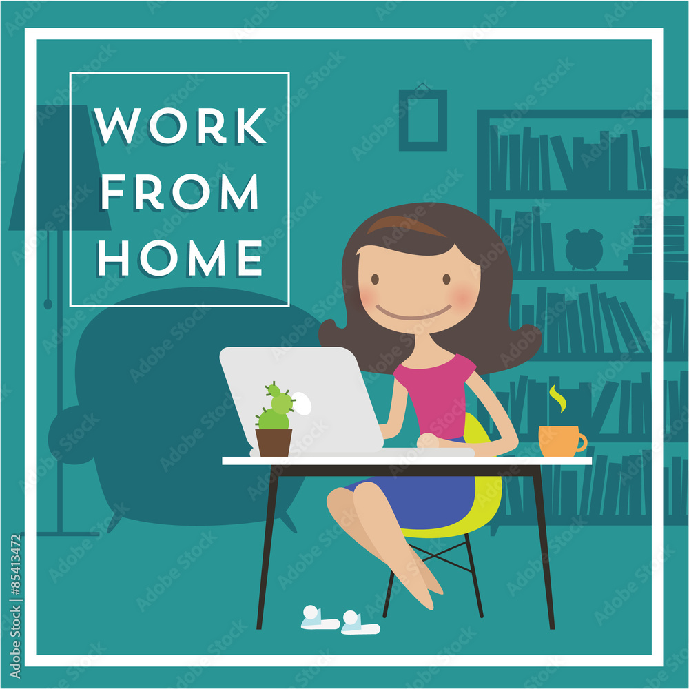 Cartoon Vector Character of Working Woman Sitting at Home with Laptop ...