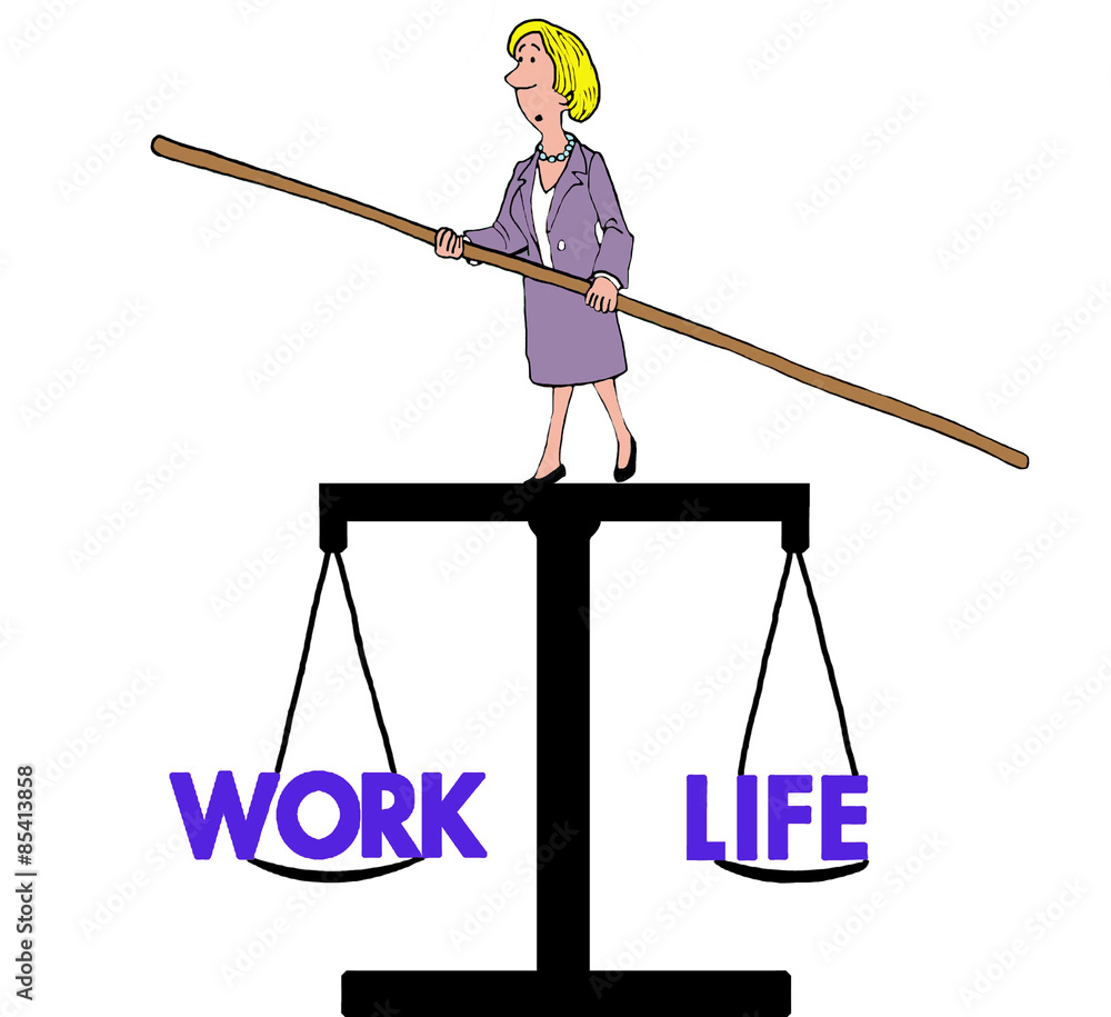 Business cartoon of woman balancing on top of a 'work life' balance ...