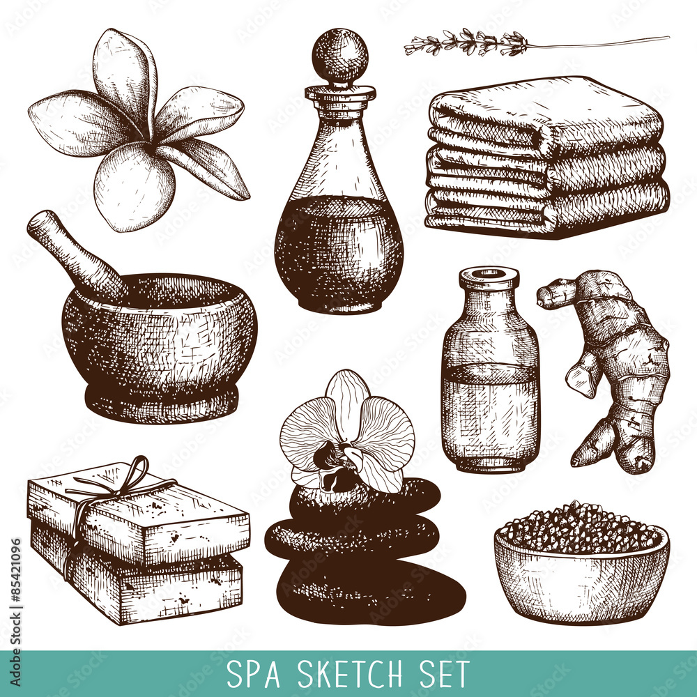 Vector set ink hand drawn spa illustration isolated on white. Spa ...