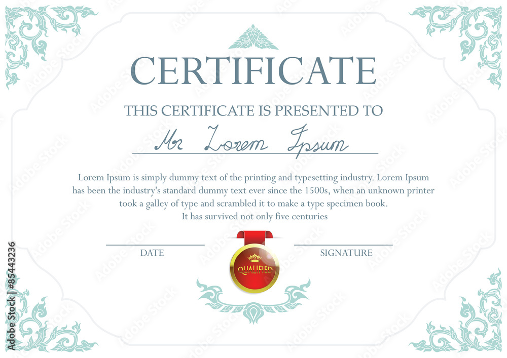 Certificate design template with Thai art frame and 3d red qualified ...