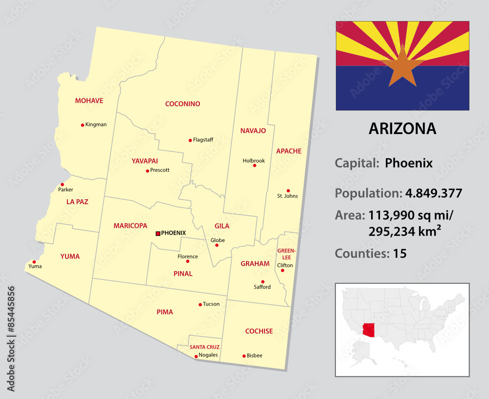 arizona administrative map with flag and country data Stock Vector ...