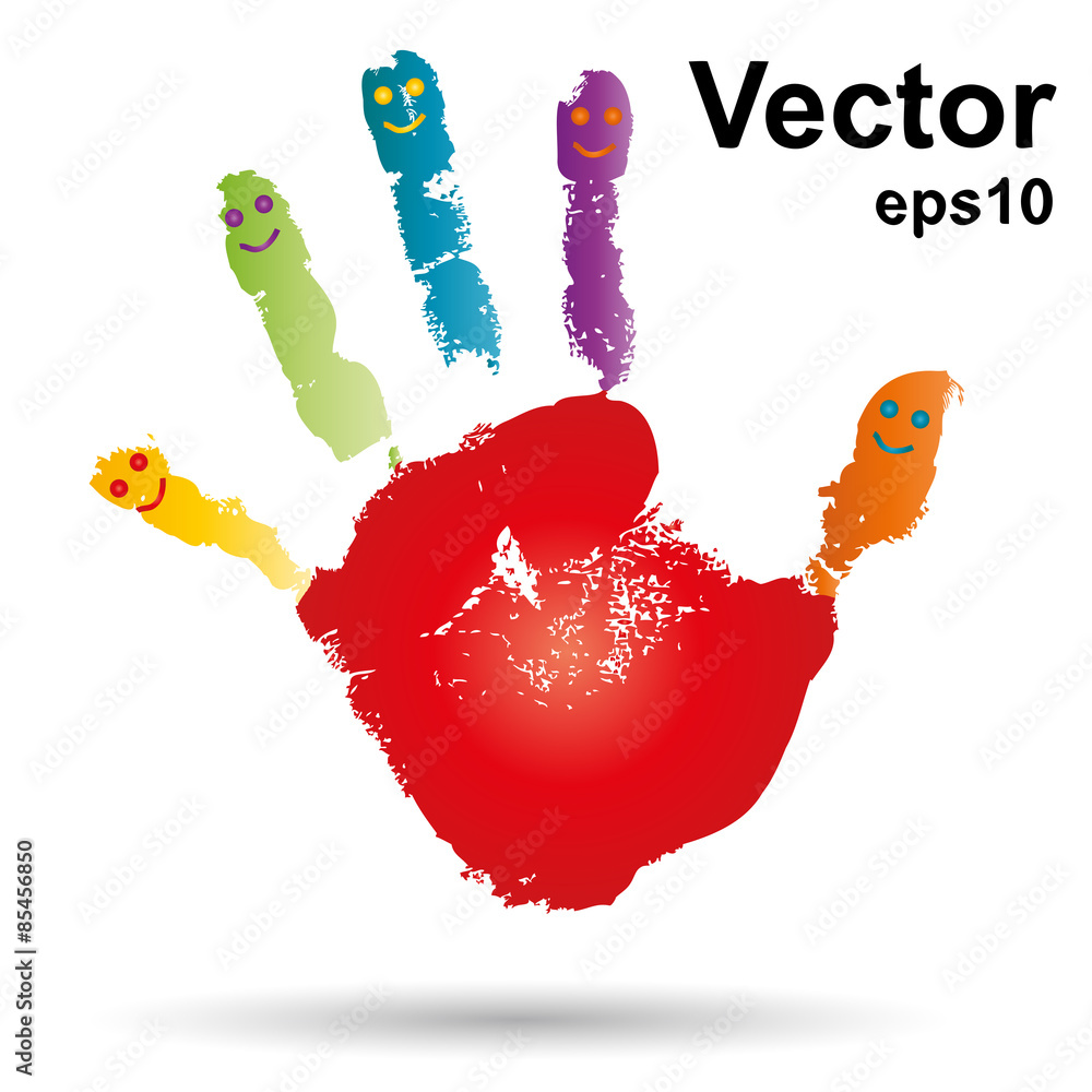 Vector conceptual red human child handprint, smiley faces isolated ...