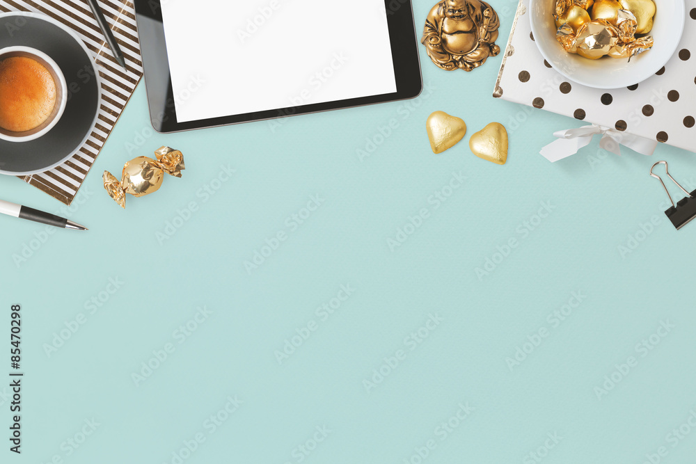 Website header design with feminine glamour objects over blue ...