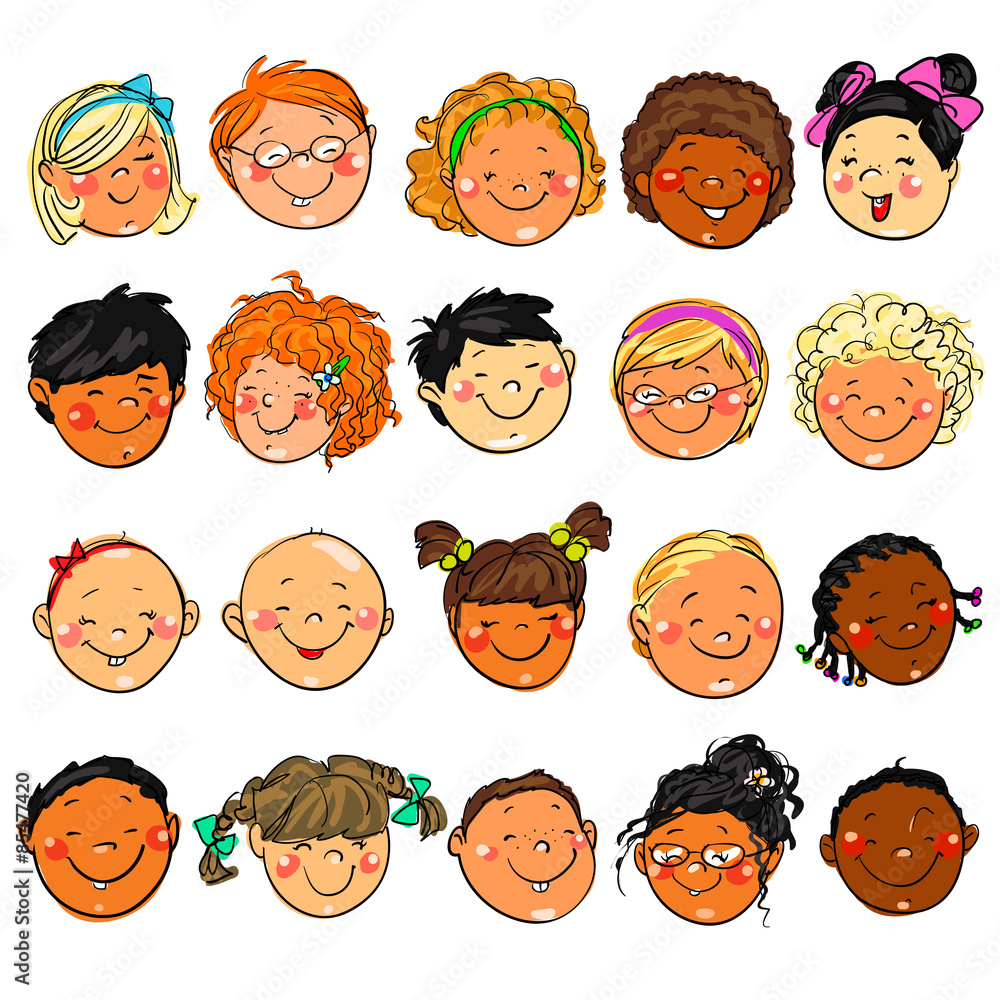 Happy Kids faces. Hand drawn clip-art. Stock Vector | Adobe Stock