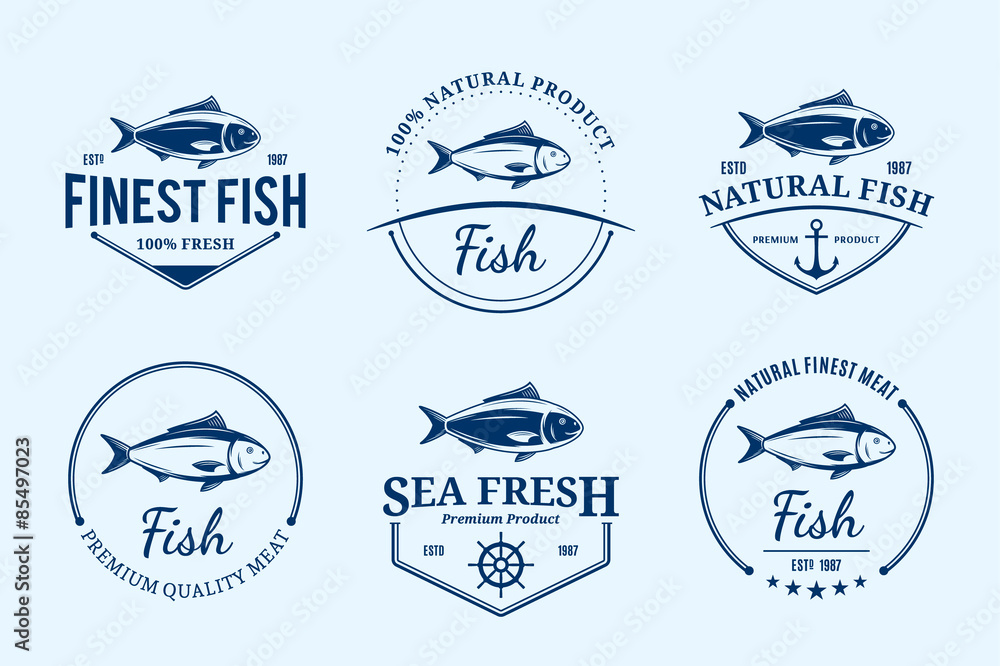 Fish Logos, Labels and Design Elements Stock Vector | Adobe Stock