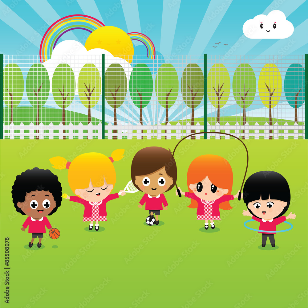Vector Illustration of happy school children playing sports outside in ...
