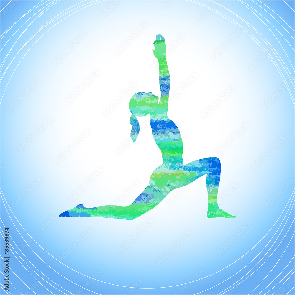 Girl in yoga pose on the abstract blue background. Vector yoga ...