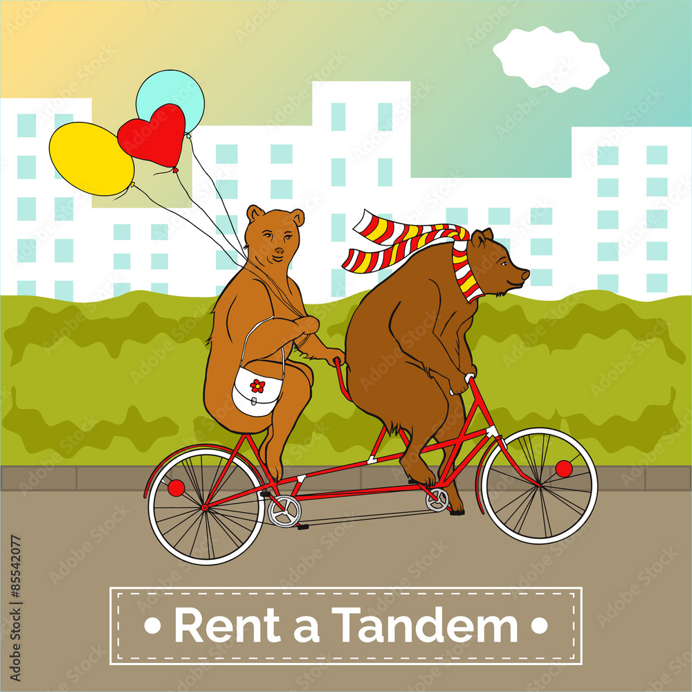 Couple on a tandem bicycle. Advertising for bike rental. Bears ride a bike. Couple with multi ...