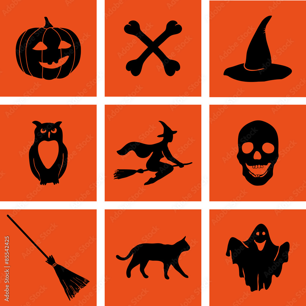Halloween vector set. Pumpkin, hat, ghost, broom, witch, owl, bone ...