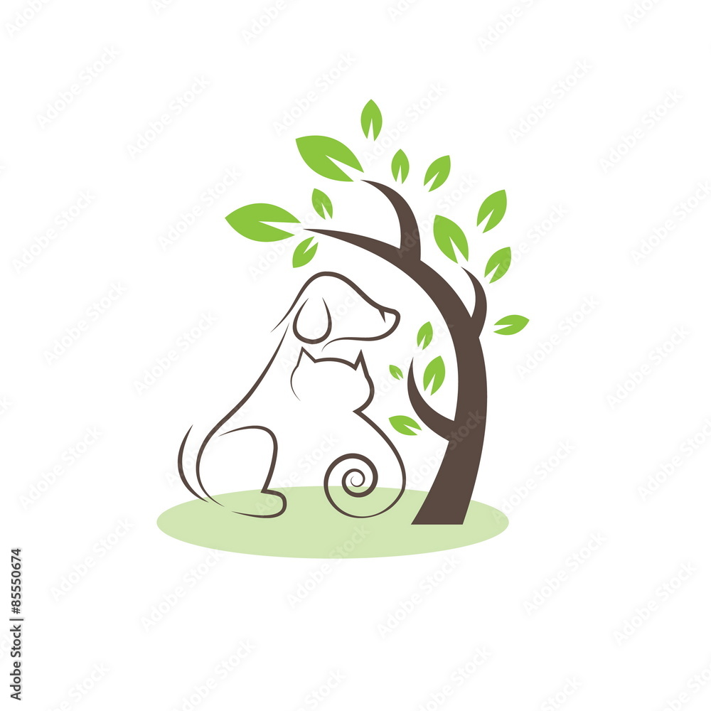 Line drawing cats and dogs under the tree Stock Vector | Adobe Stock