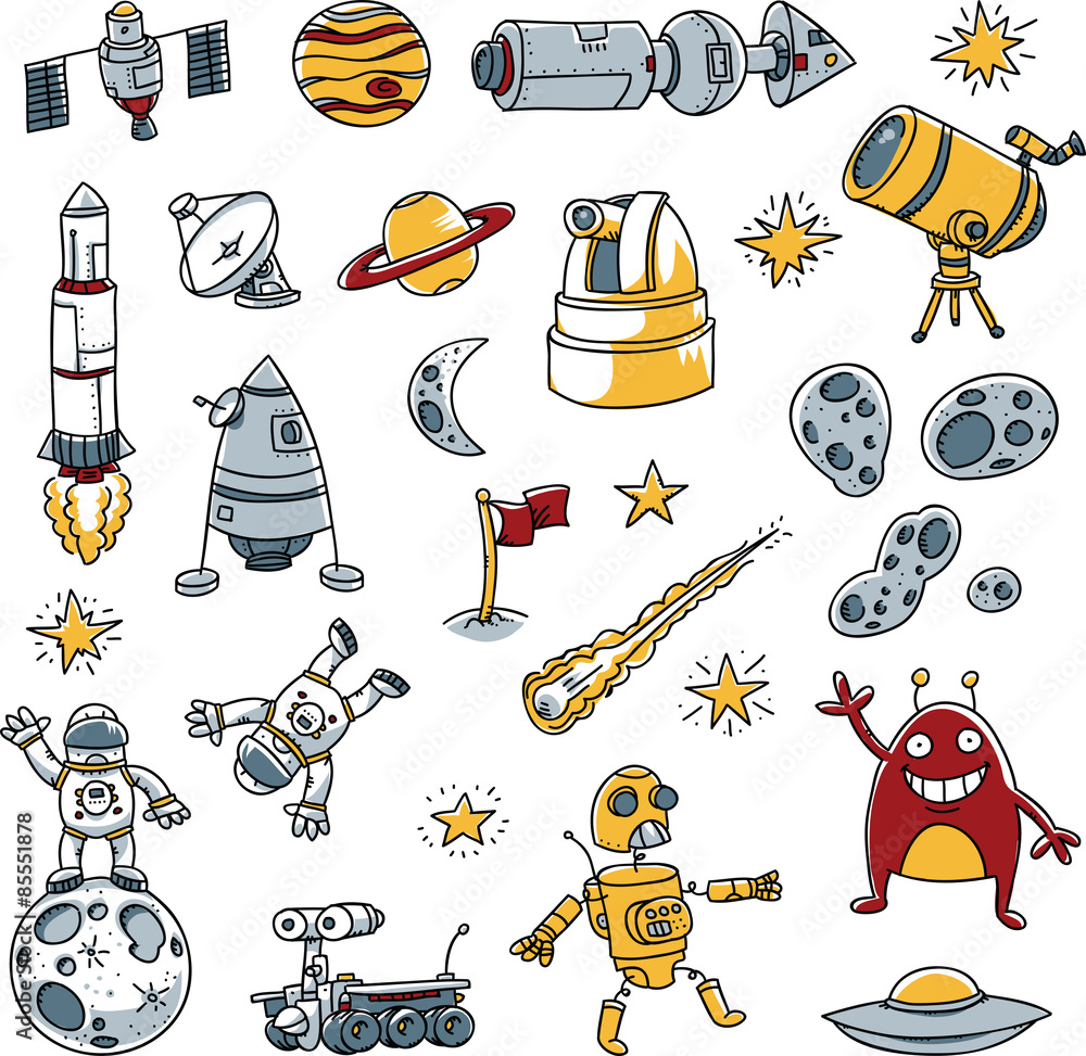 A collection set of cartoon space images with Saturn, planet, rockets ...
