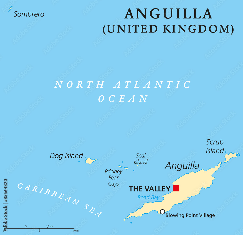Anguilla Political Map with capital The Valley. British Overseas ...