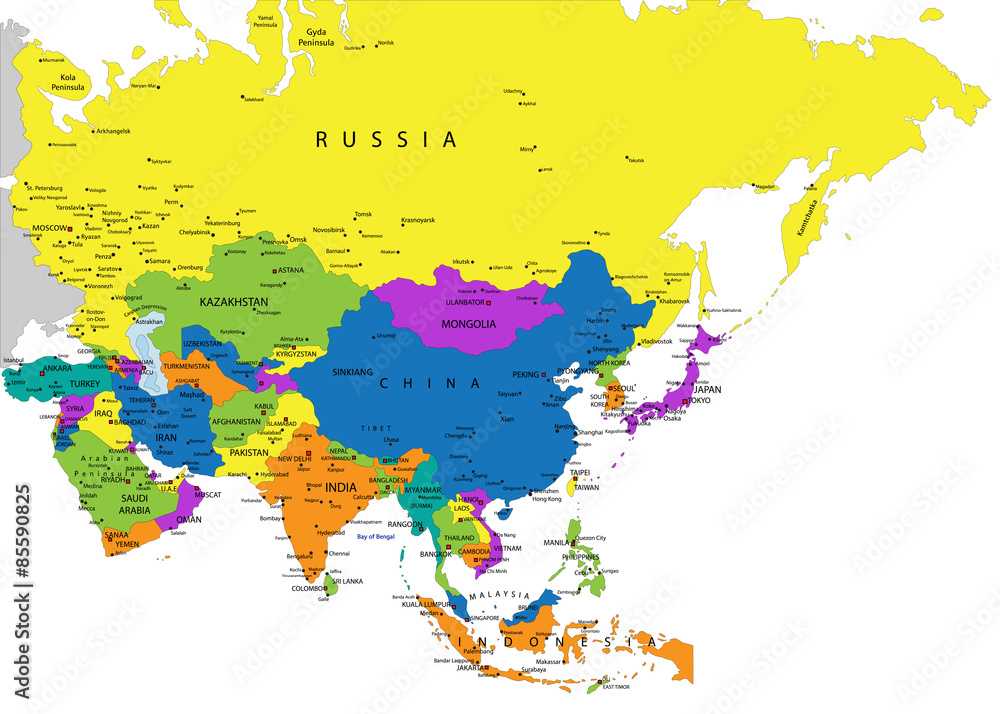 Colorful Asia political map with clearly labeled, separated layers ...