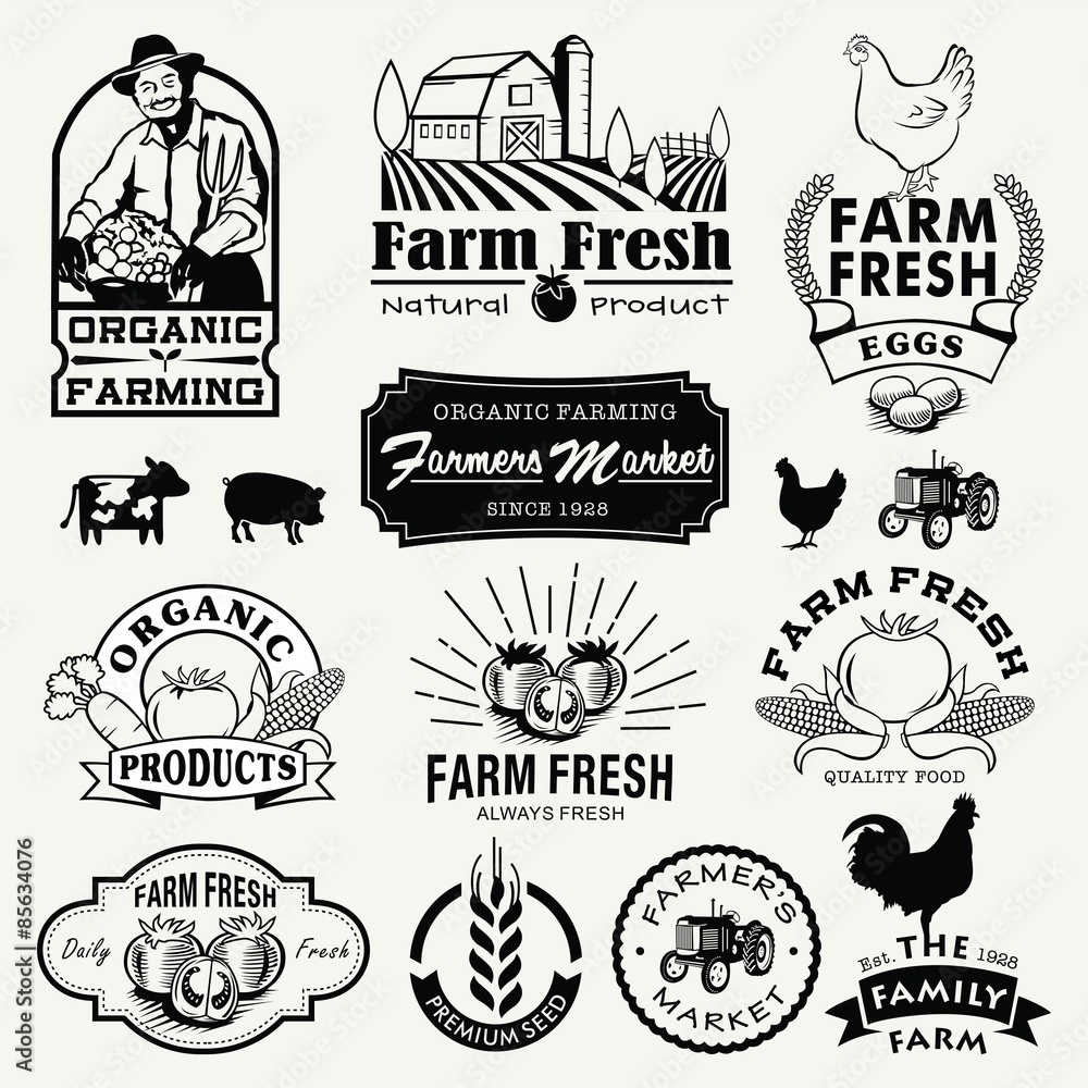 Poster Retro Farm Fresh labels, logos, badges, icons, objects and ...